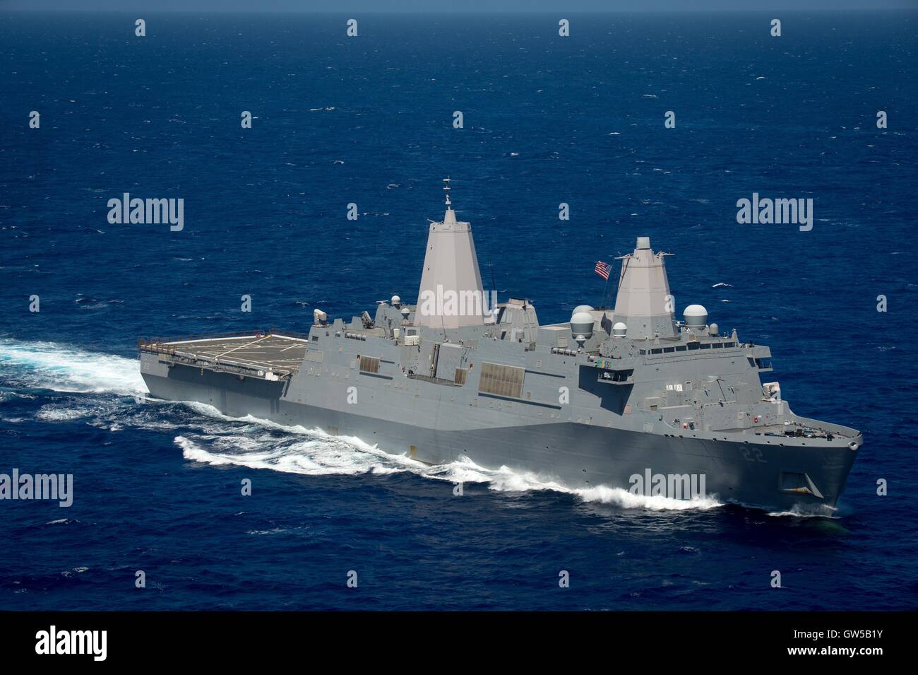 US Navy Amphibious transport dock ship USS San Diego steams in close ...