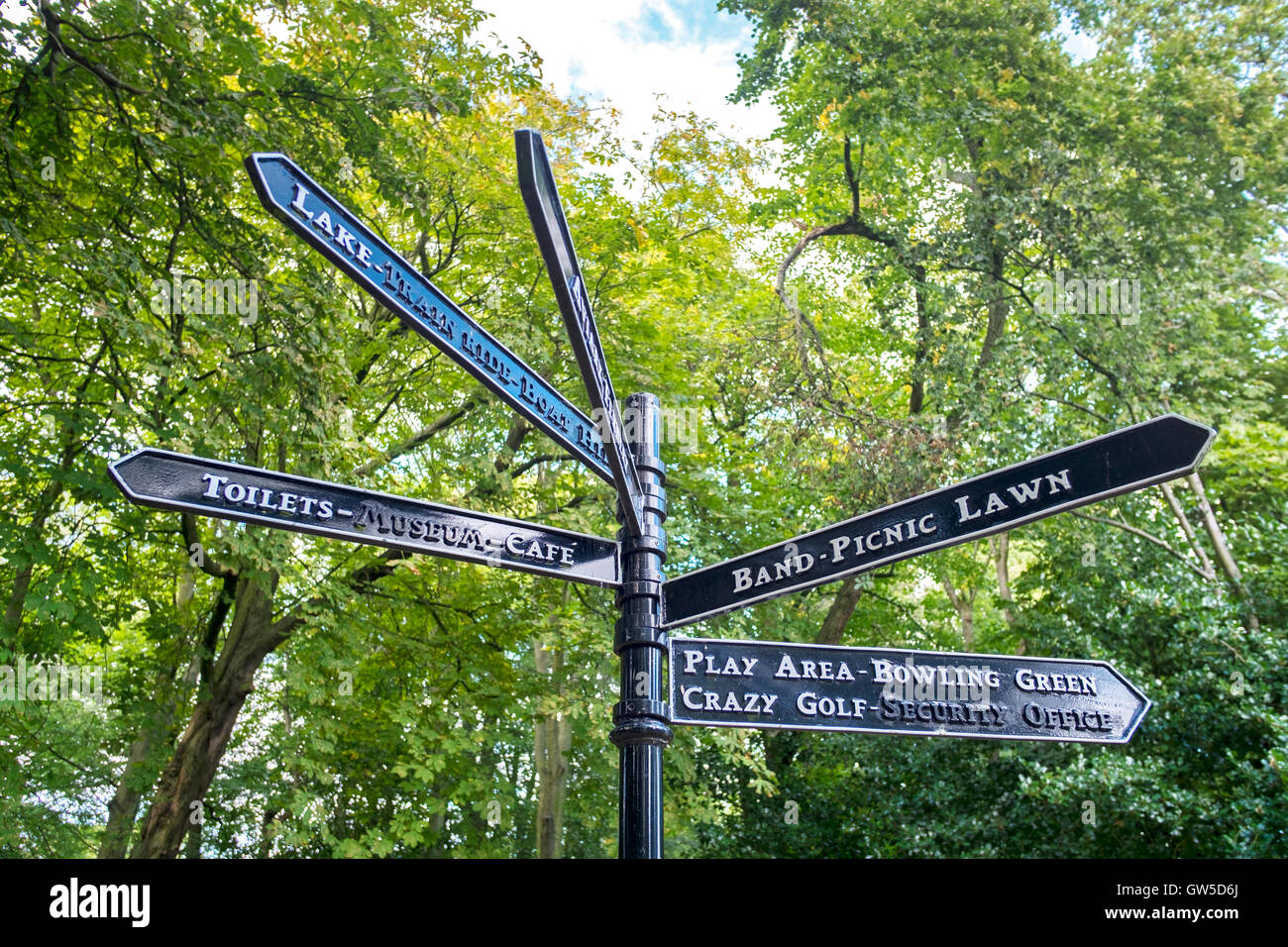 A finger post or waymarker in 'Botanic Gardens', Southport, Merseyside ...