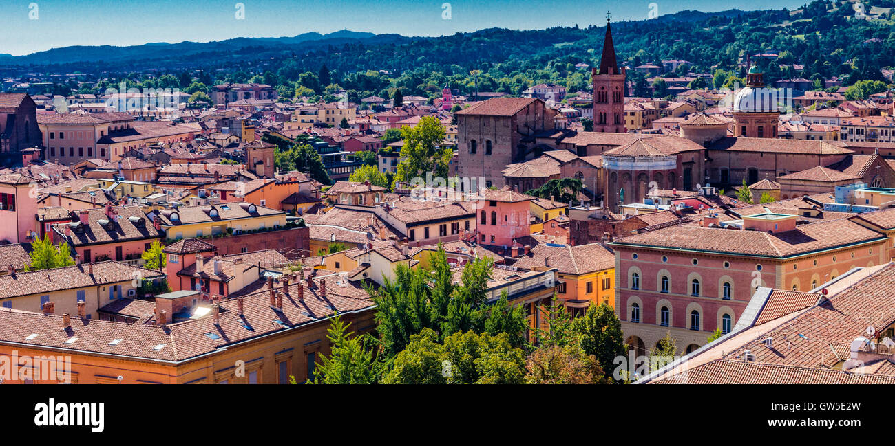 Aerial panoramic cityscape of Bologna, Italy, above rooftops of typical ...