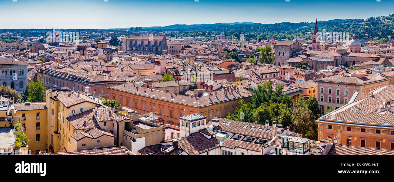 Aerial panoramic cityscape of Bologna, Italy, above rooftops of typical ...
