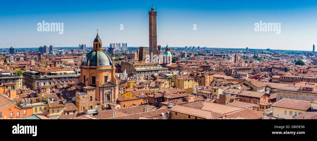 Aerial panoramic cityscape of Bologna, Italy, above rooftops of typical ...