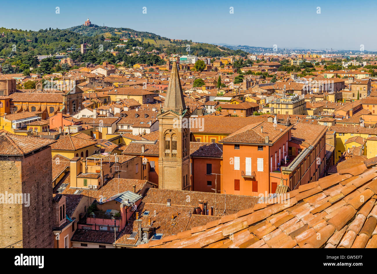 Aerial panoramic cityscape of Bologna, Italy, above rooftops of typical ...