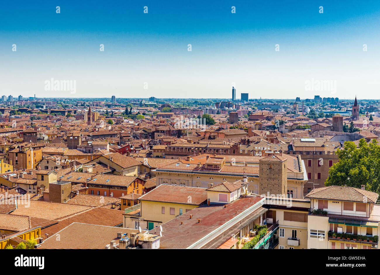 Aerial panoramic cityscape of Bologna, Italy, above rooftops of typical ...
