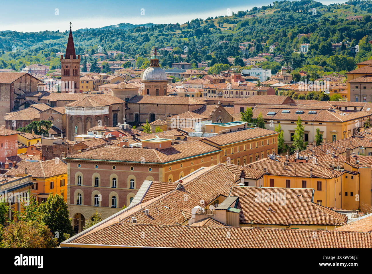 Aerial panoramic cityscape of Bologna, Italy, above rooftops of typical ...