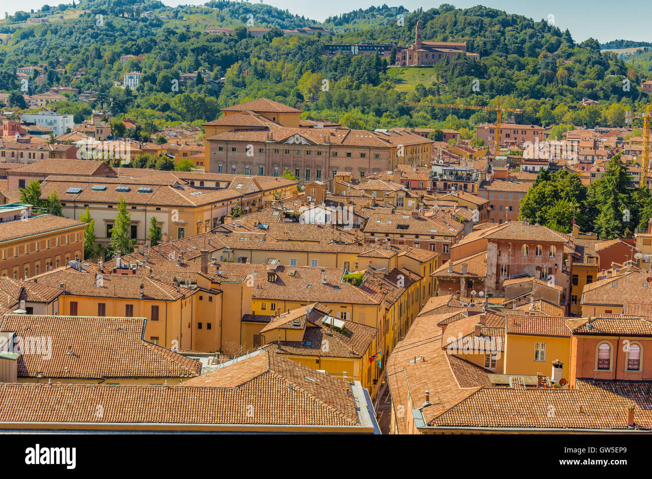 Aerial panoramic cityscape of Bologna, Italy, above rooftops of typical ...