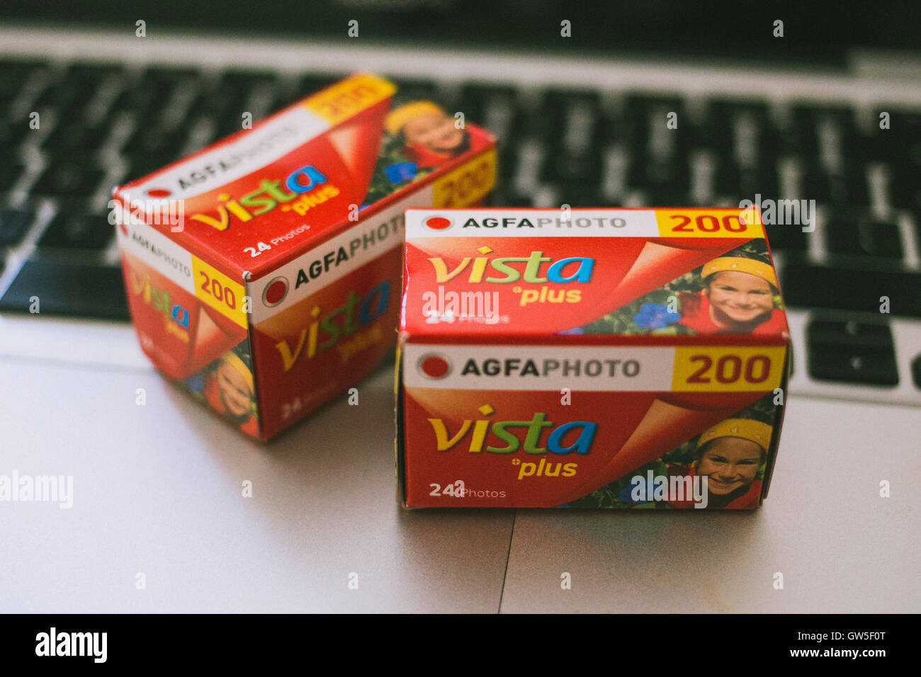 Two boxes for Agfa Vista film resting on MacBook keyboard Stock Photo ...