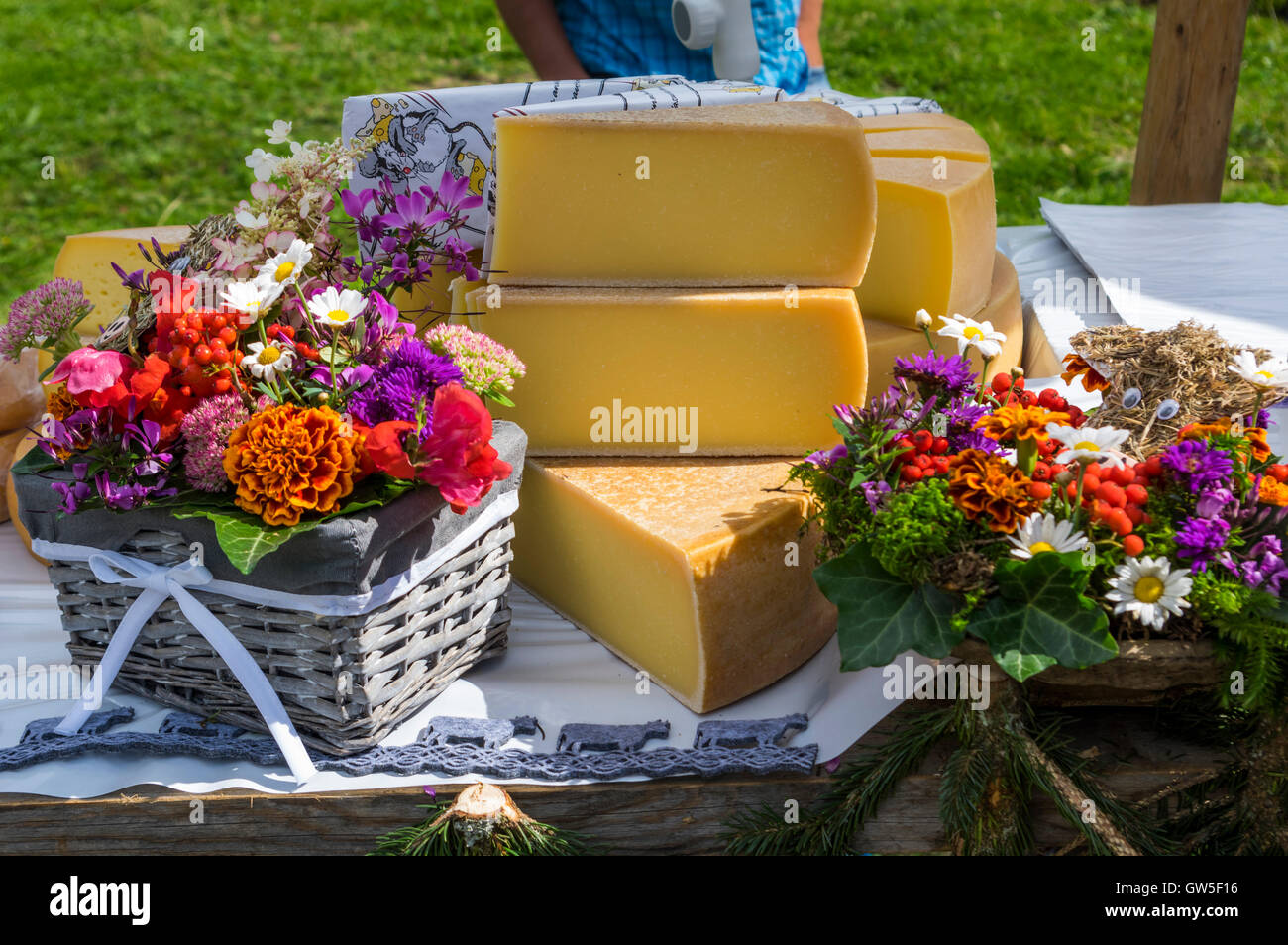 Berner Alpkäse AOC cheese for sale on a market stall in Switzerland ...