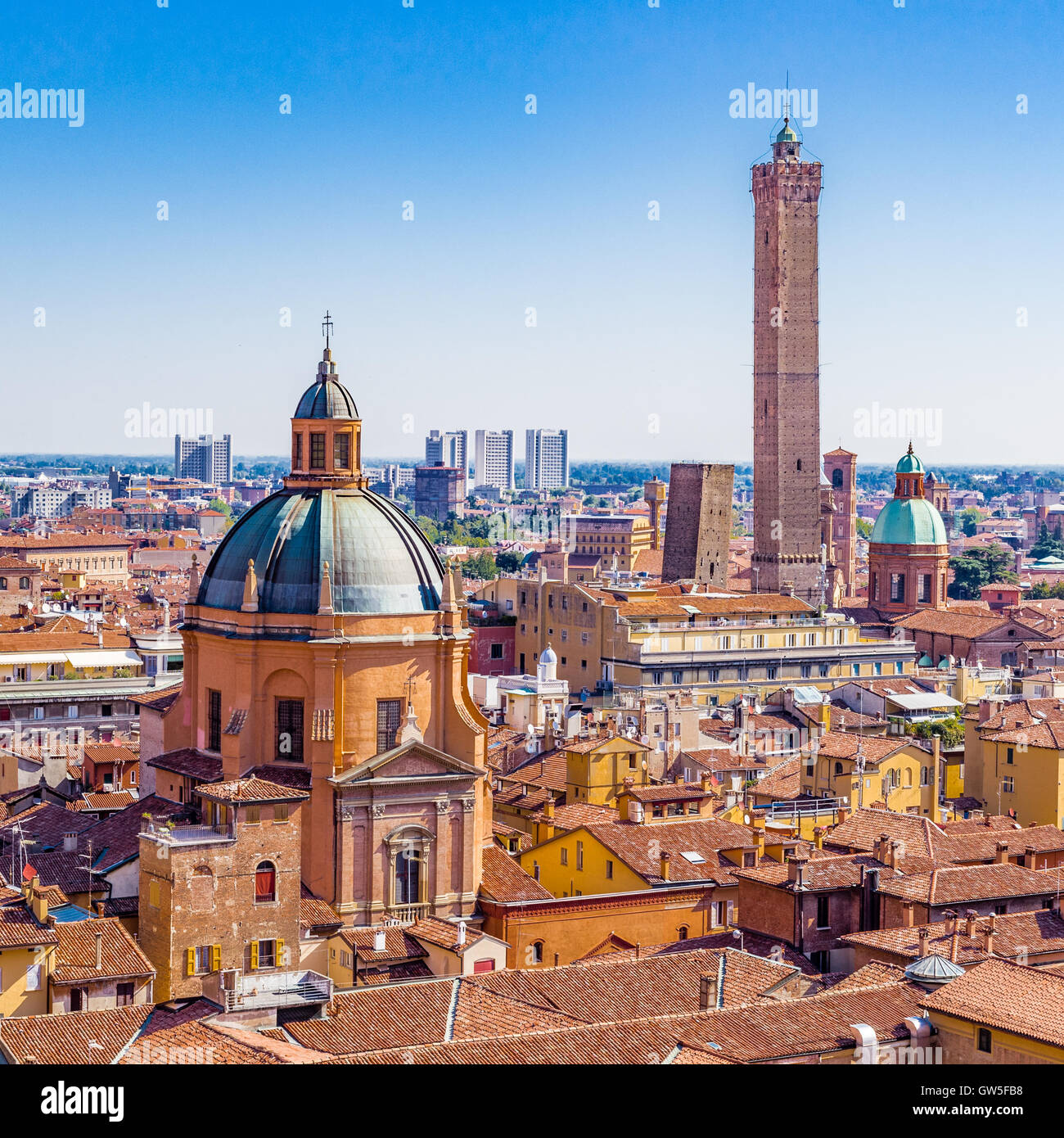 Aerial panoramic cityscape of Bologna, Italy, above rooftops of typical ...