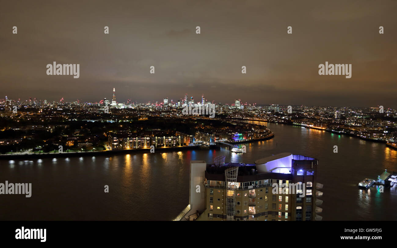 Night view of the River Thames with Cascades Tower in the foreground from Marsh Wall, Canary ...