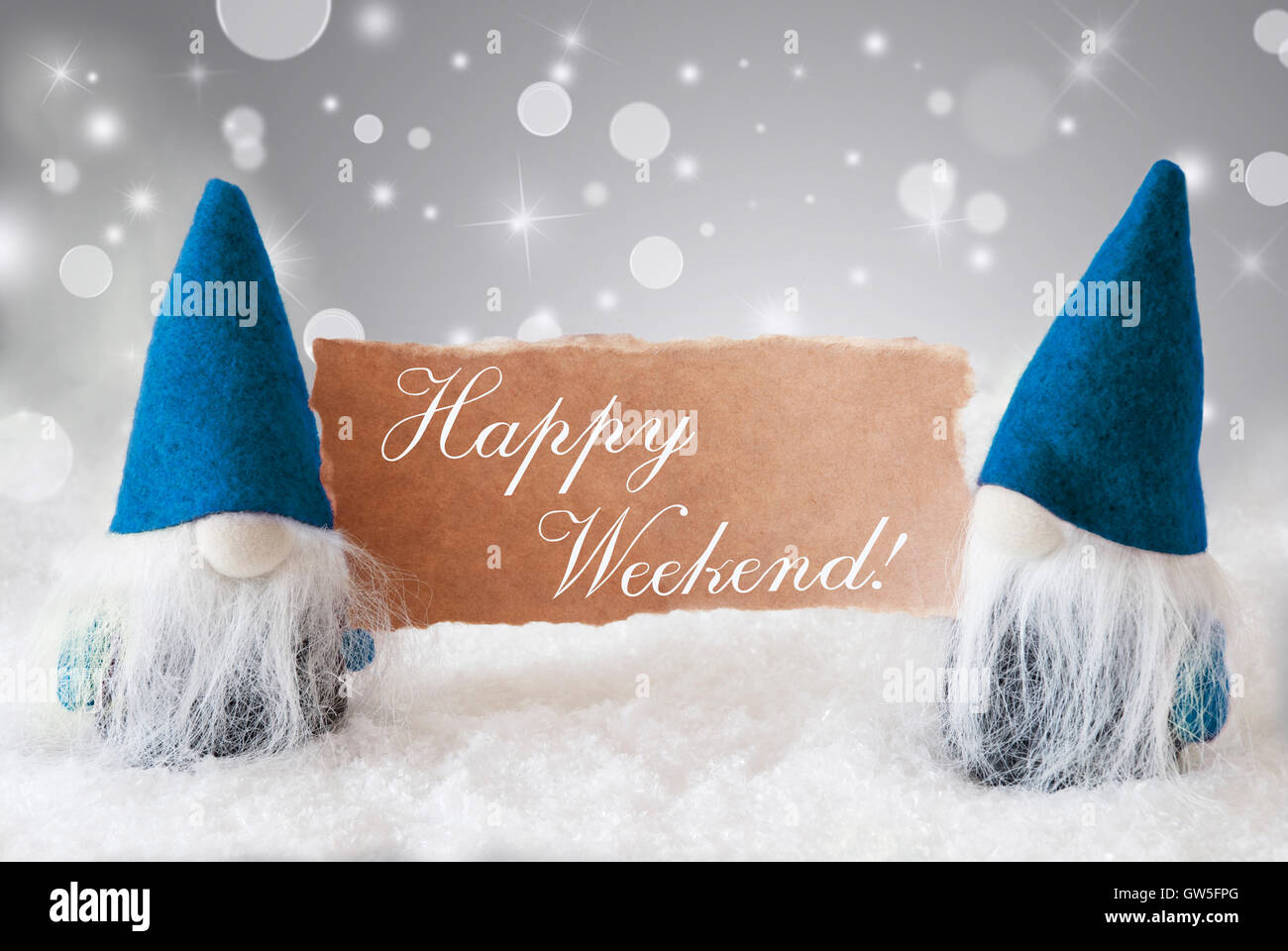 Blue Gnomes With Card, Text Happy Weekend Stock Photo - Alamy
