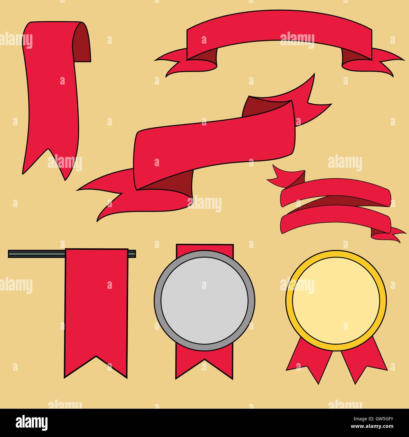 Big red ribbons set, isolated on beige background, vector illustration ...