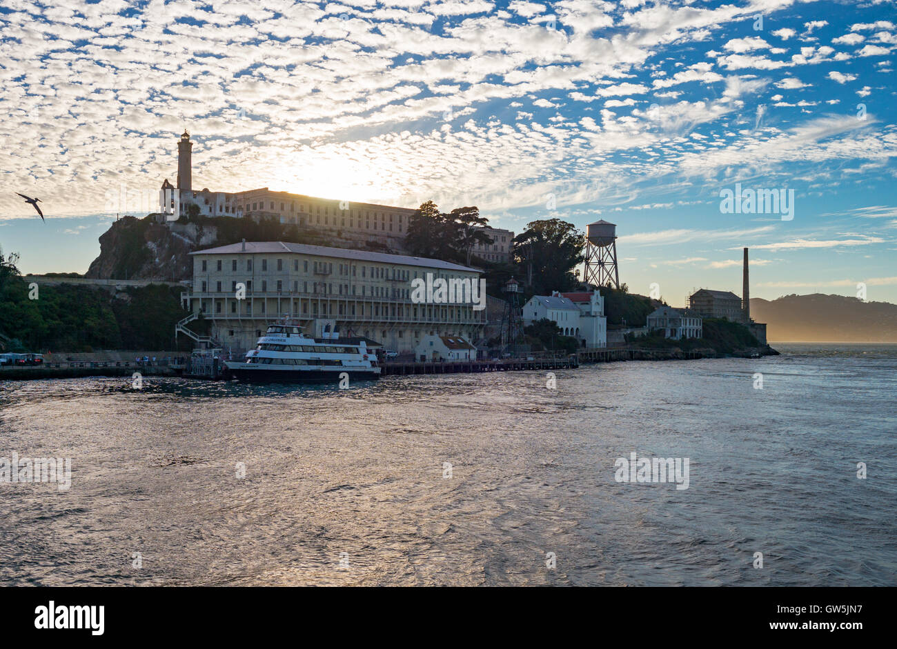 San Francisco, California, backlight sunset view of the Alcatraz island ...