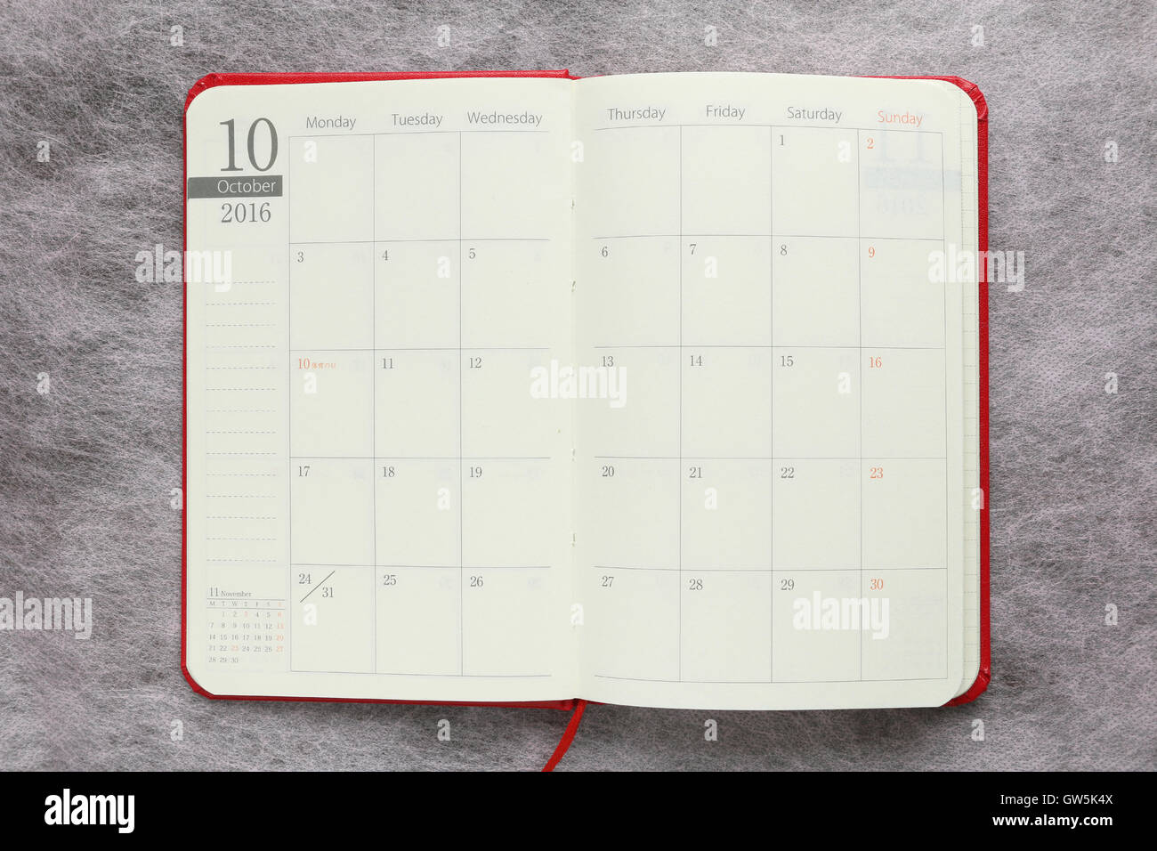 Japanese October calendar in 2016 diary Stock Photo - Alamy