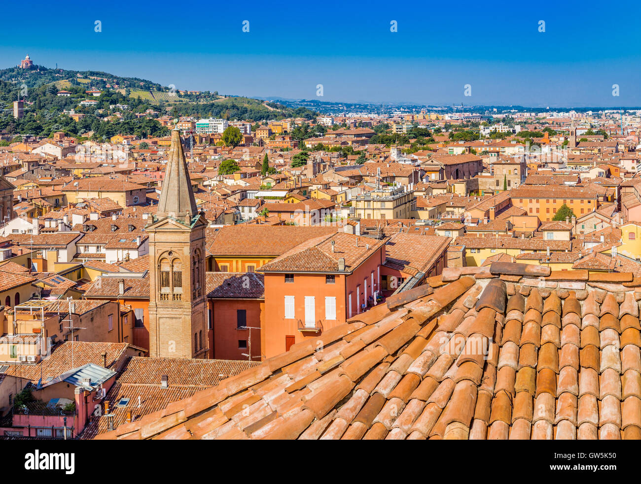 Aerial panoramic cityscape of Bologna, Italy, above rooftops of typical ...