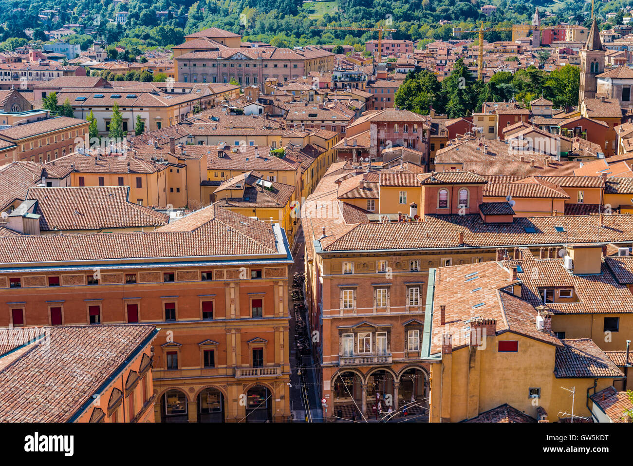 Aerial panoramic cityscape of Bologna, Italy, above rooftops of typical ...