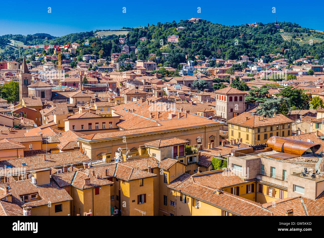 Aerial panoramic cityscape of Bologna, Italy, above rooftops of typical ...