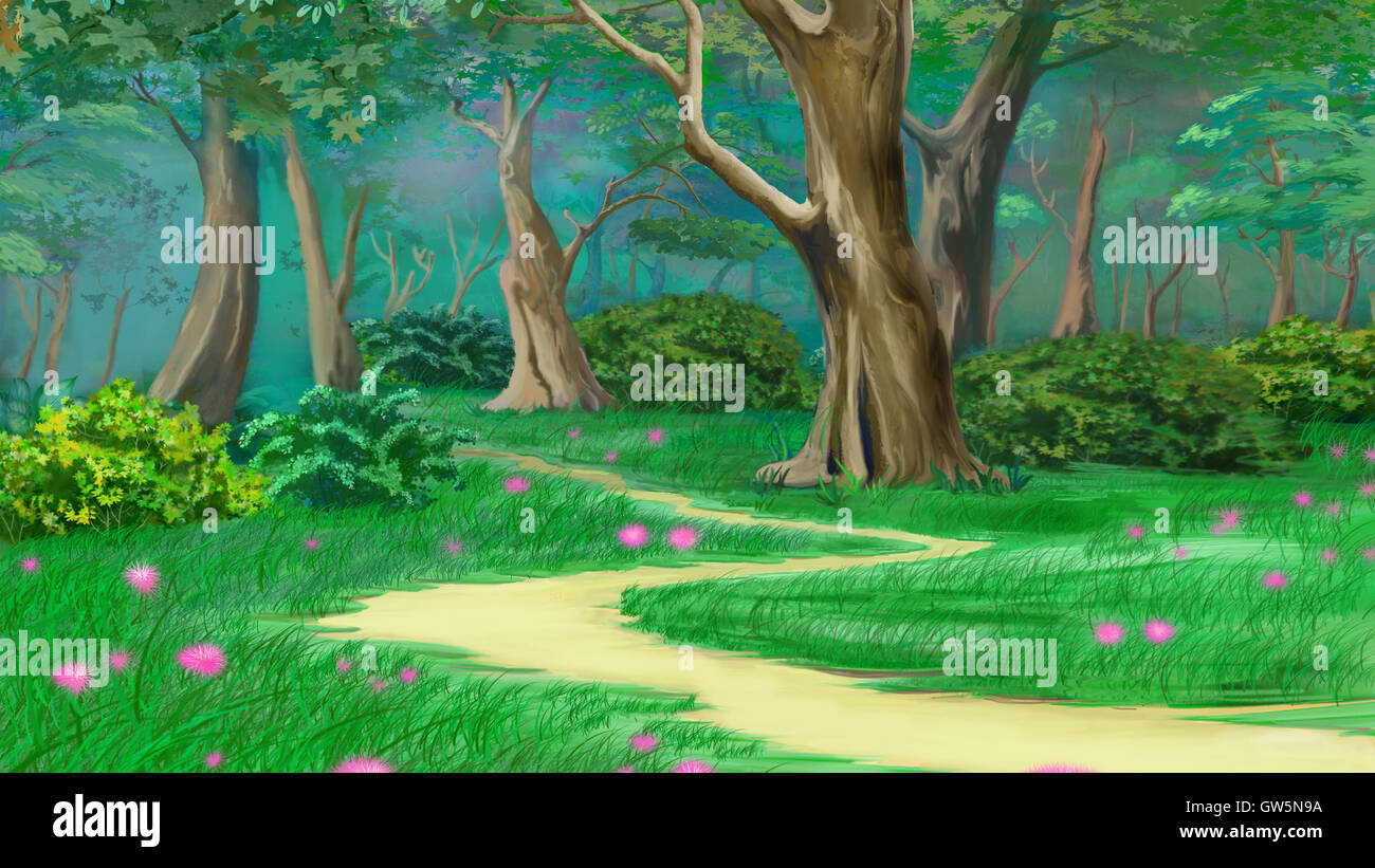Footpath in a Fairy Tale Summer Forest. Digital Painting Background ...