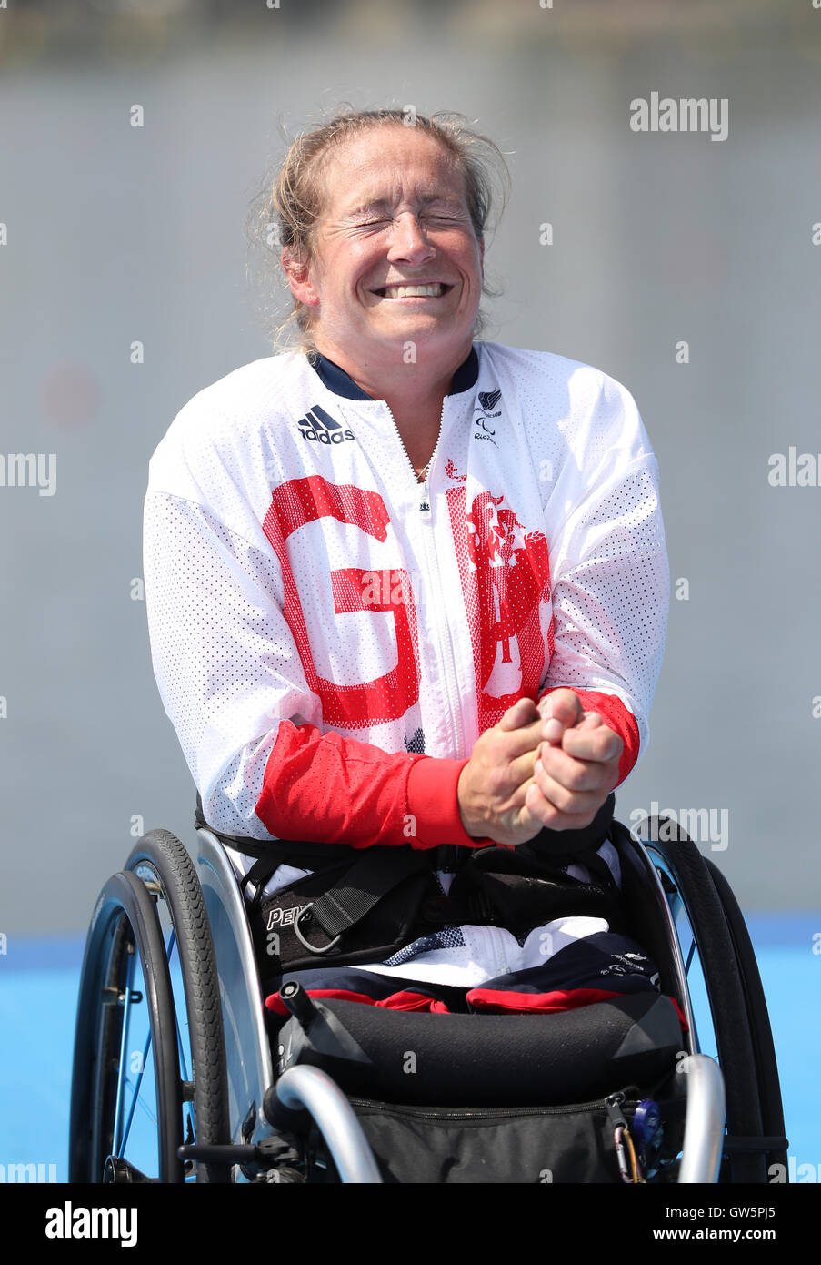 Great Britain's Rachel Morris celebrates on the podium before ...