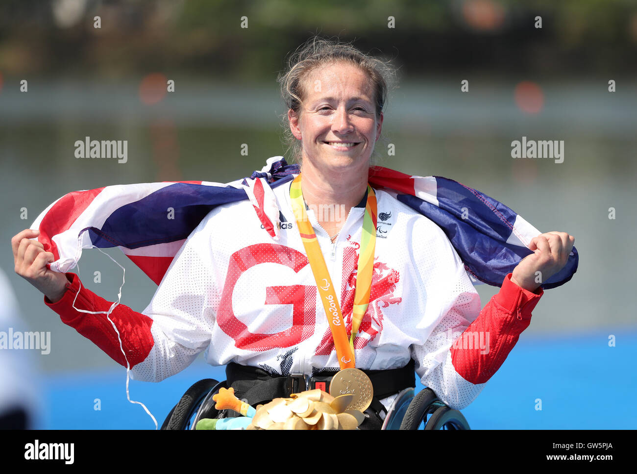 Great Britain's Rachel Morris celebrates on the podium with her gold ...