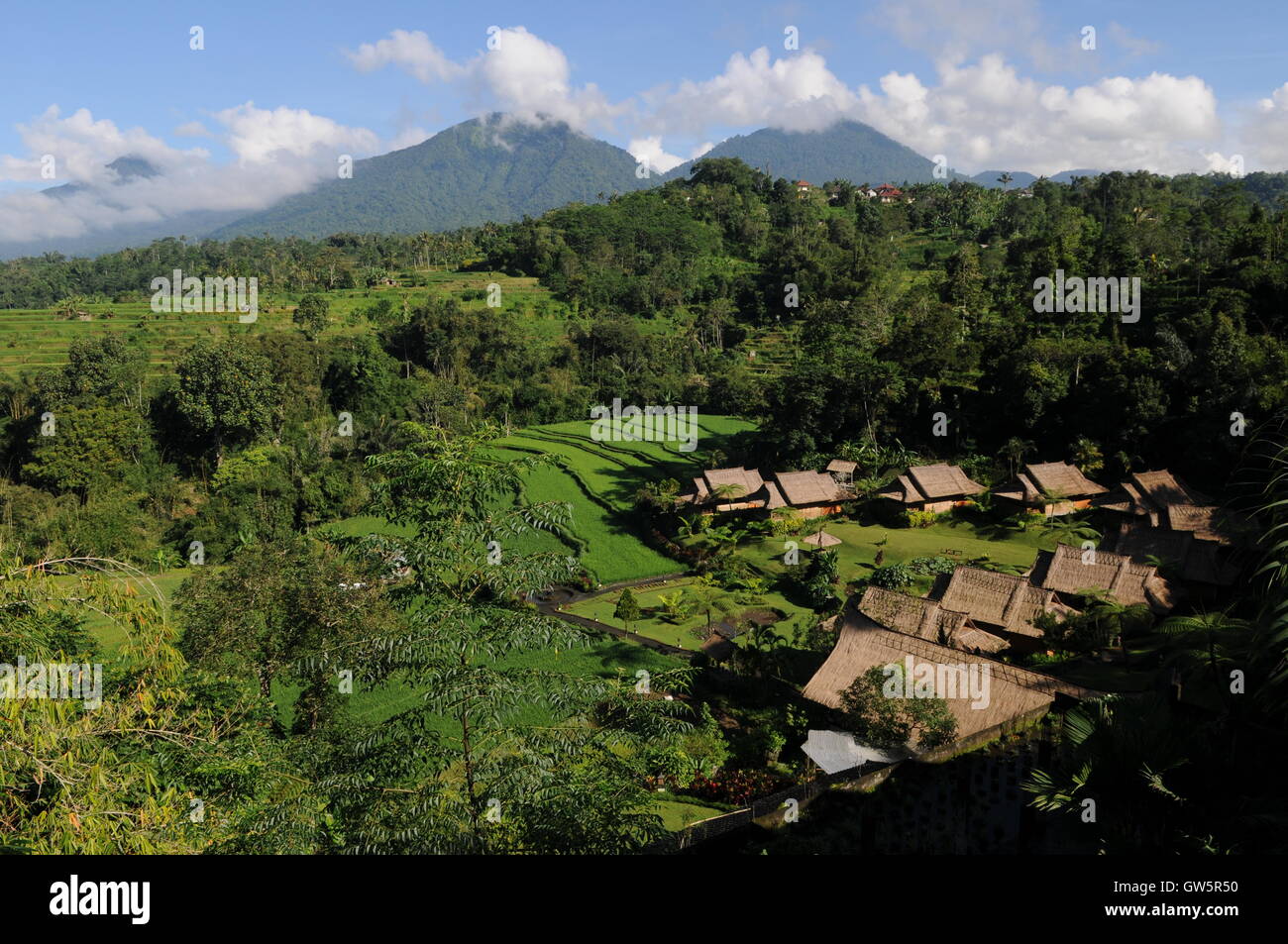 sunlit mountains, houses & rice terraces, Pacung, Bali, Indonesia ...
