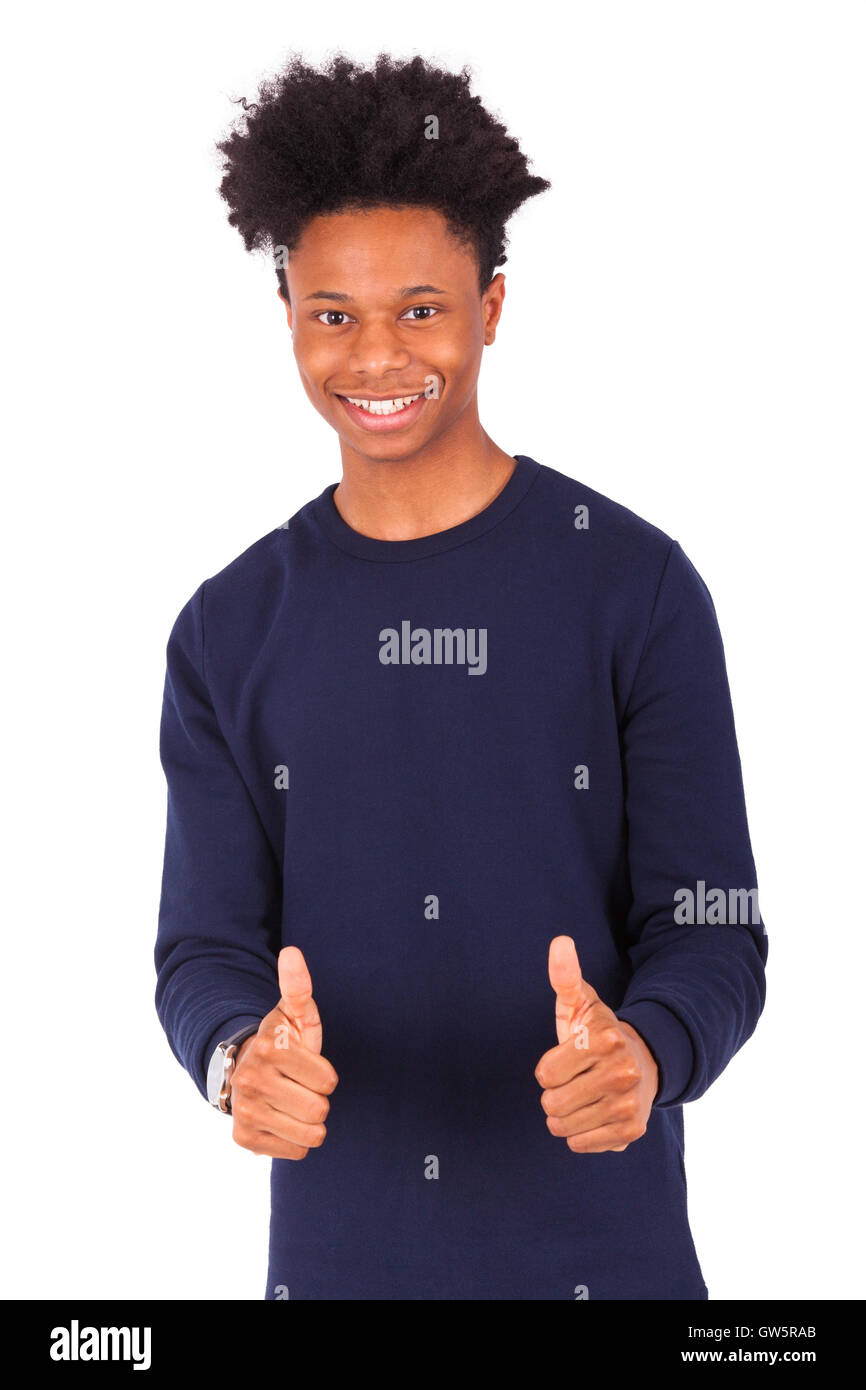 Happy young african american man making thumbs up gesture isolated on ...