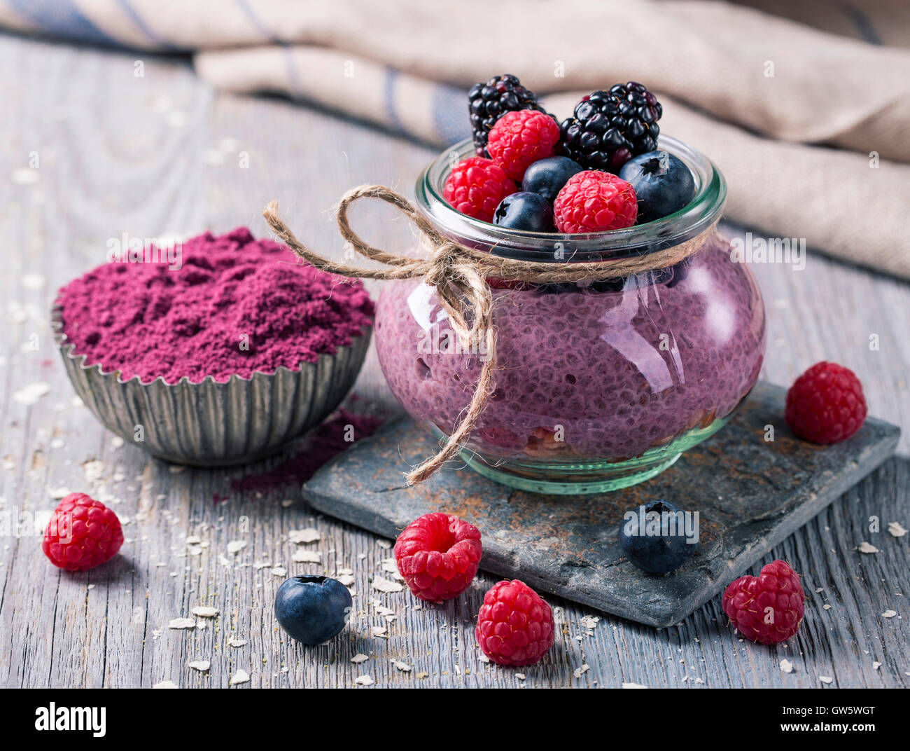 Chia seeds acai pudding with berries Stock Photo - Alamy