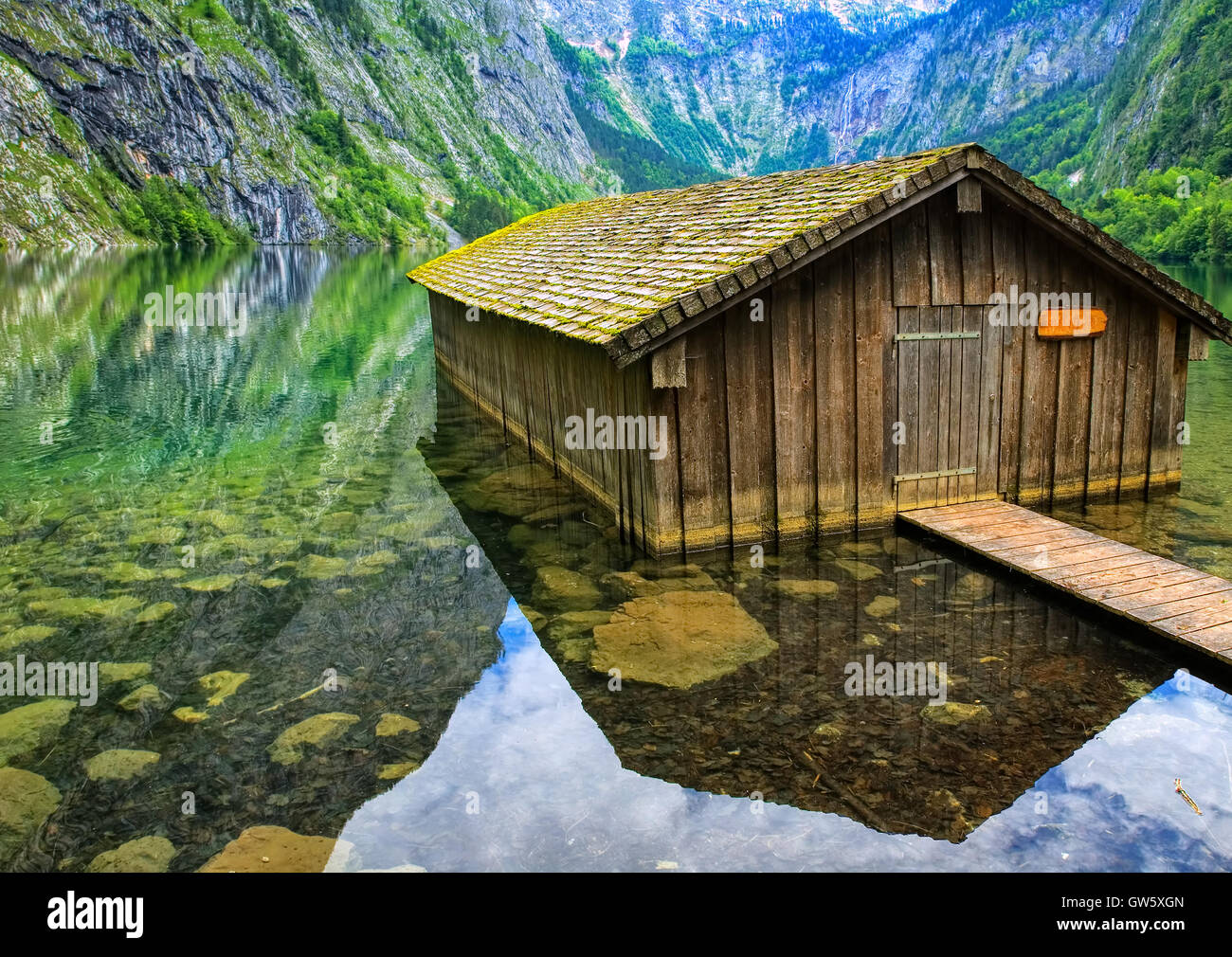 Fisherman's house on alpine lake Konigsee in the Alps mountains ...