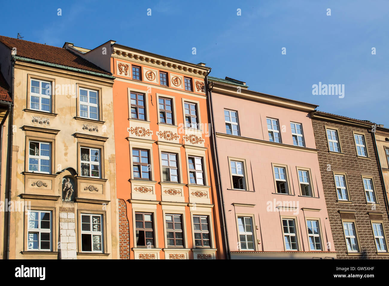 Facades of the buildings in the old centre of Krakow, Poland Stock ...