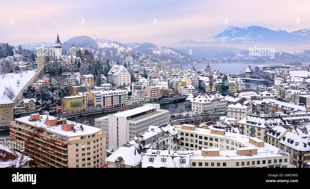 Lucerne, Switzerland, aerial view of the old town, city wall towers ...