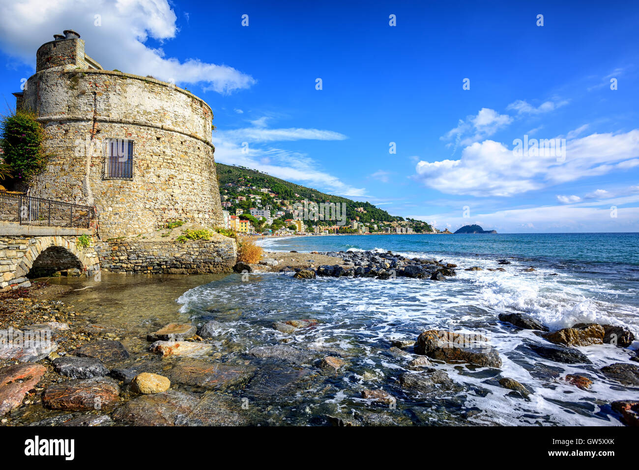 Historical Saracen tower on mediterranean beach in Alassio, popular ...