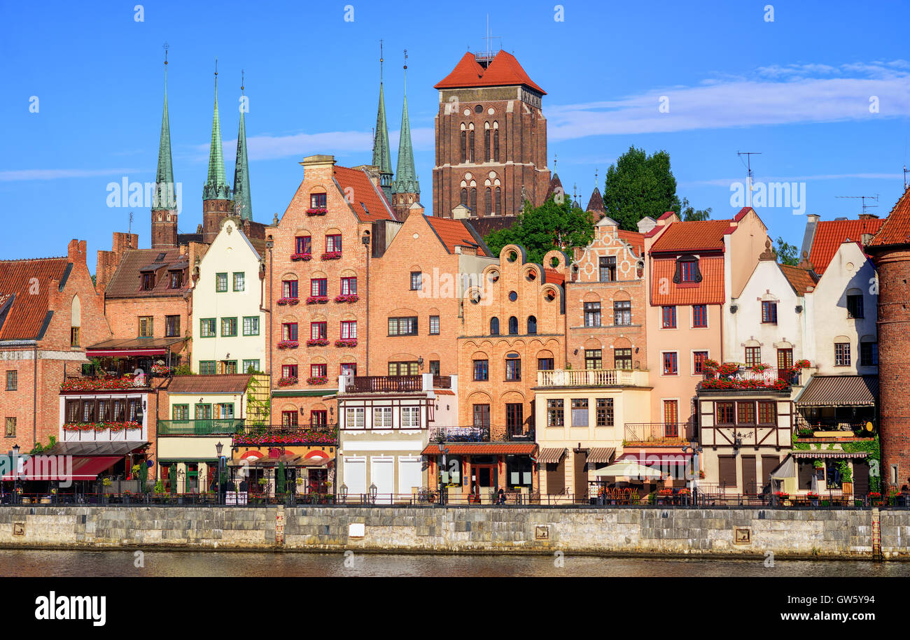 Gothic houses and tower of cathedral in historical center of Gdansk ...