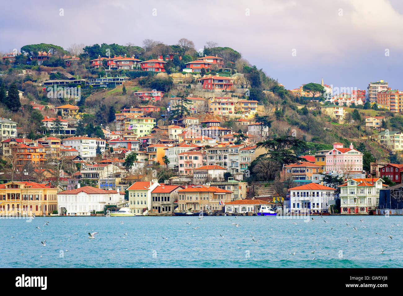 Colorful traditional houses on a hill over Bosphorus, Asia side of ...