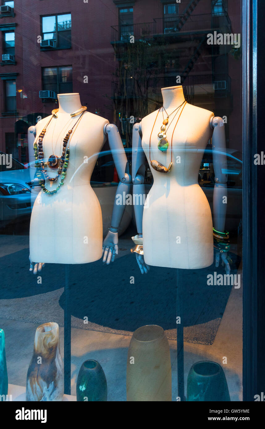 Window display of exotic jewelry on manikins in New York City Stock ...