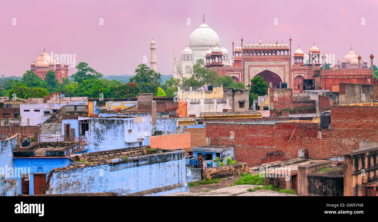 Old town of Agra with Taj Mahal in background on sunset, Agra, India ...