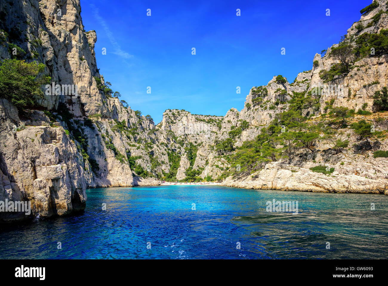 Beach and lagoon Calanque d'En Vau on Cote de Calanques coast between ...