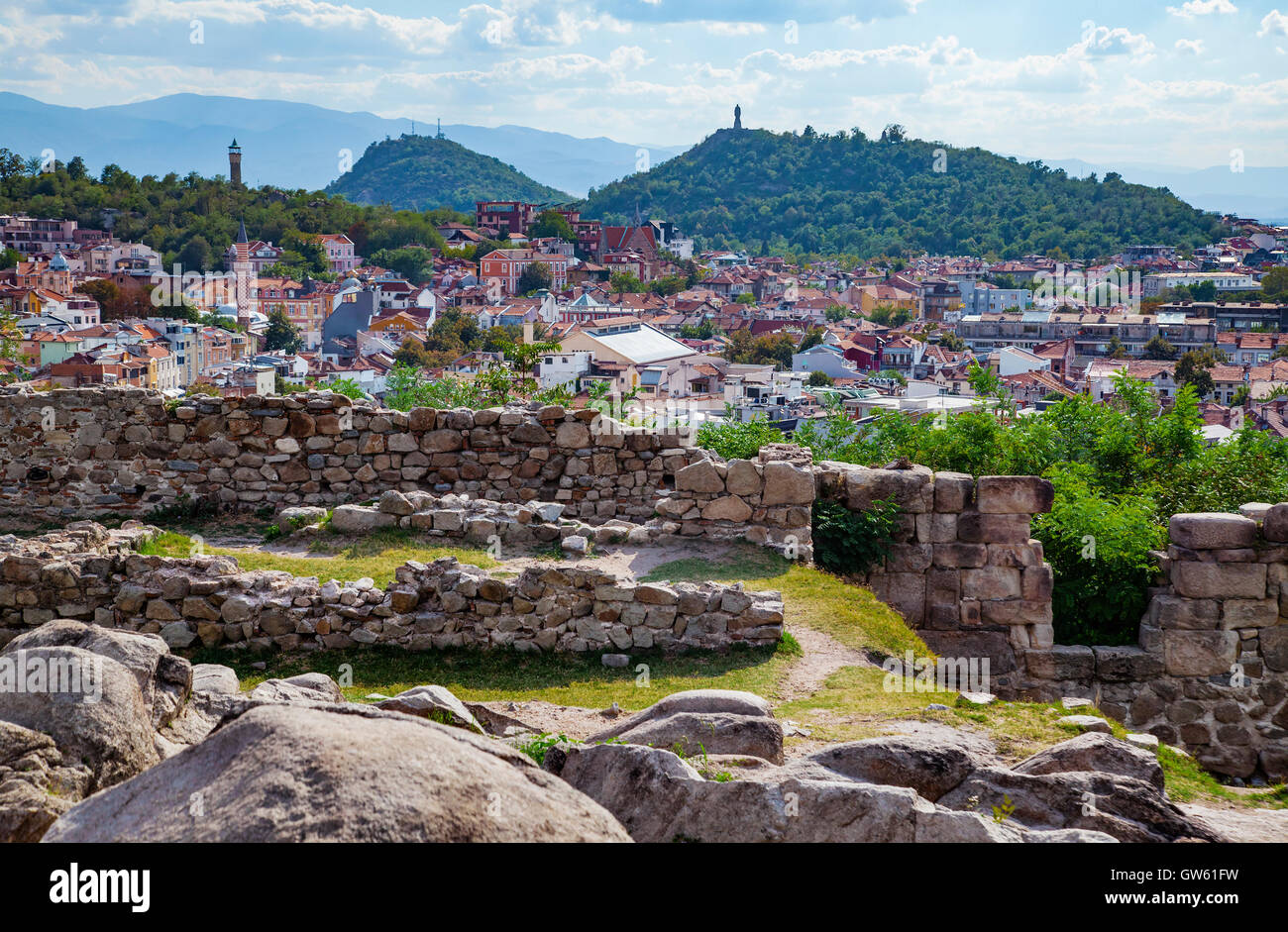 View of Plovdiv, Bulgaria downtown with ancient ruins in foreground ...