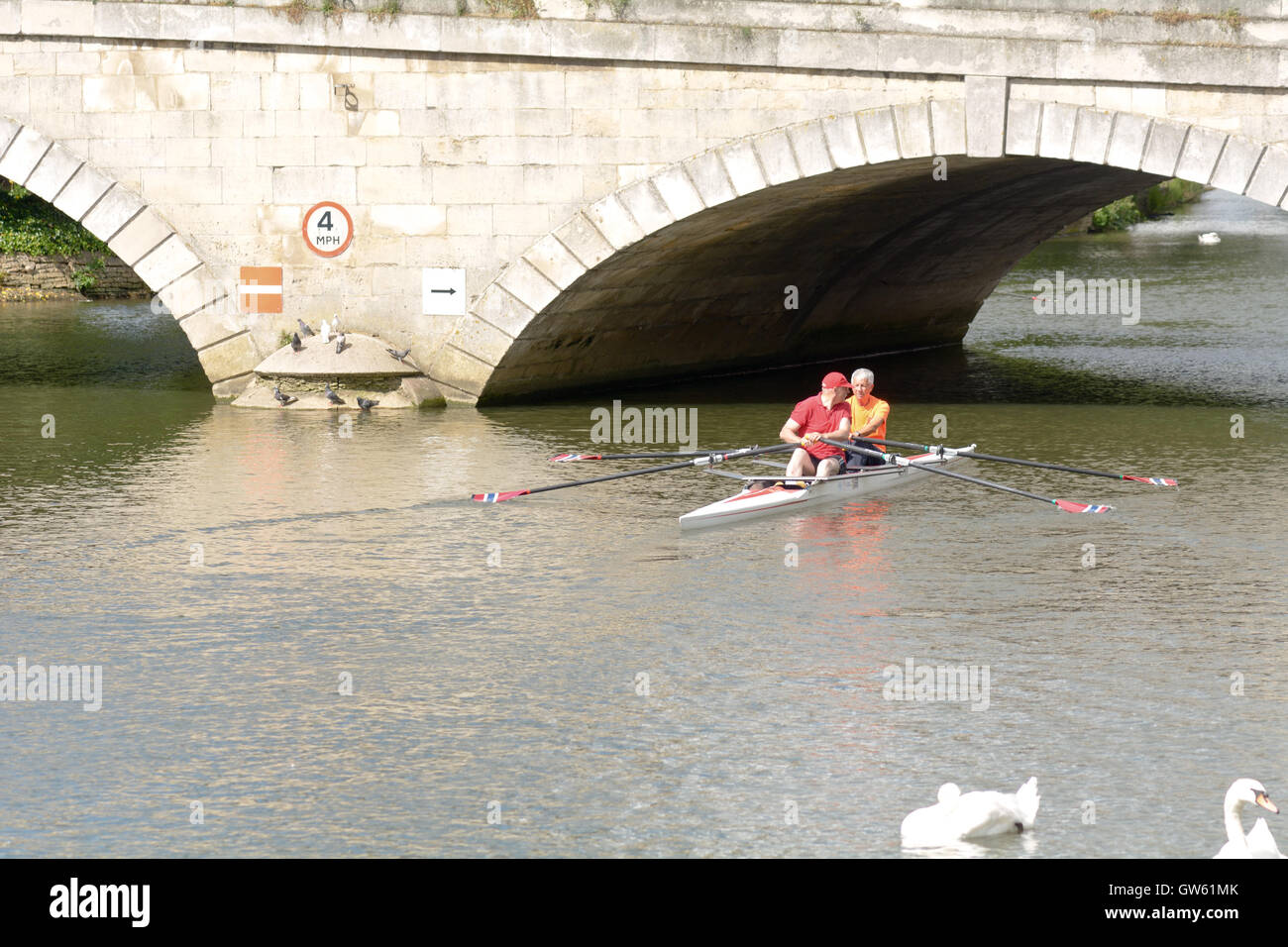 Double skull rowing boat approaching the Town Bridge in Bedford ...