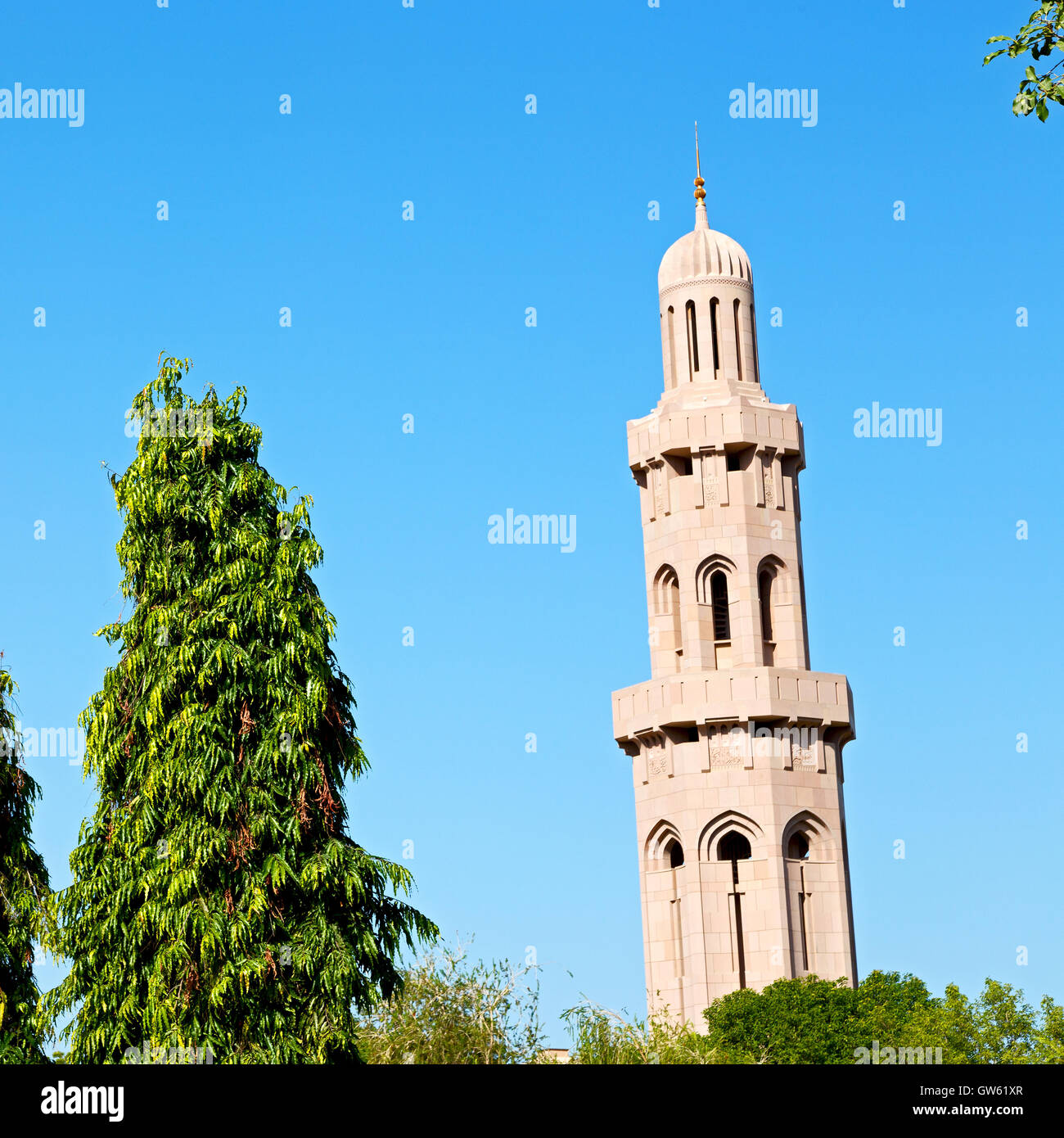 minaret and religion in clear sky in oman muscat the old mosque Stock ...
