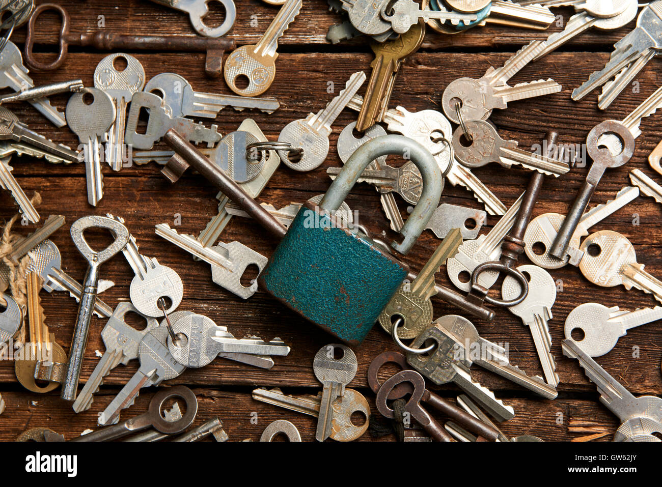 Pile of keys and lock on a grunge wooden background Stock Photo - Alamy