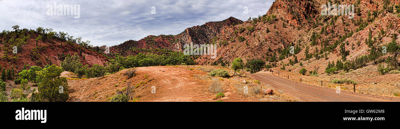 Panorama of arid valley along dry riverbed in Scenic drive of Brachina ...