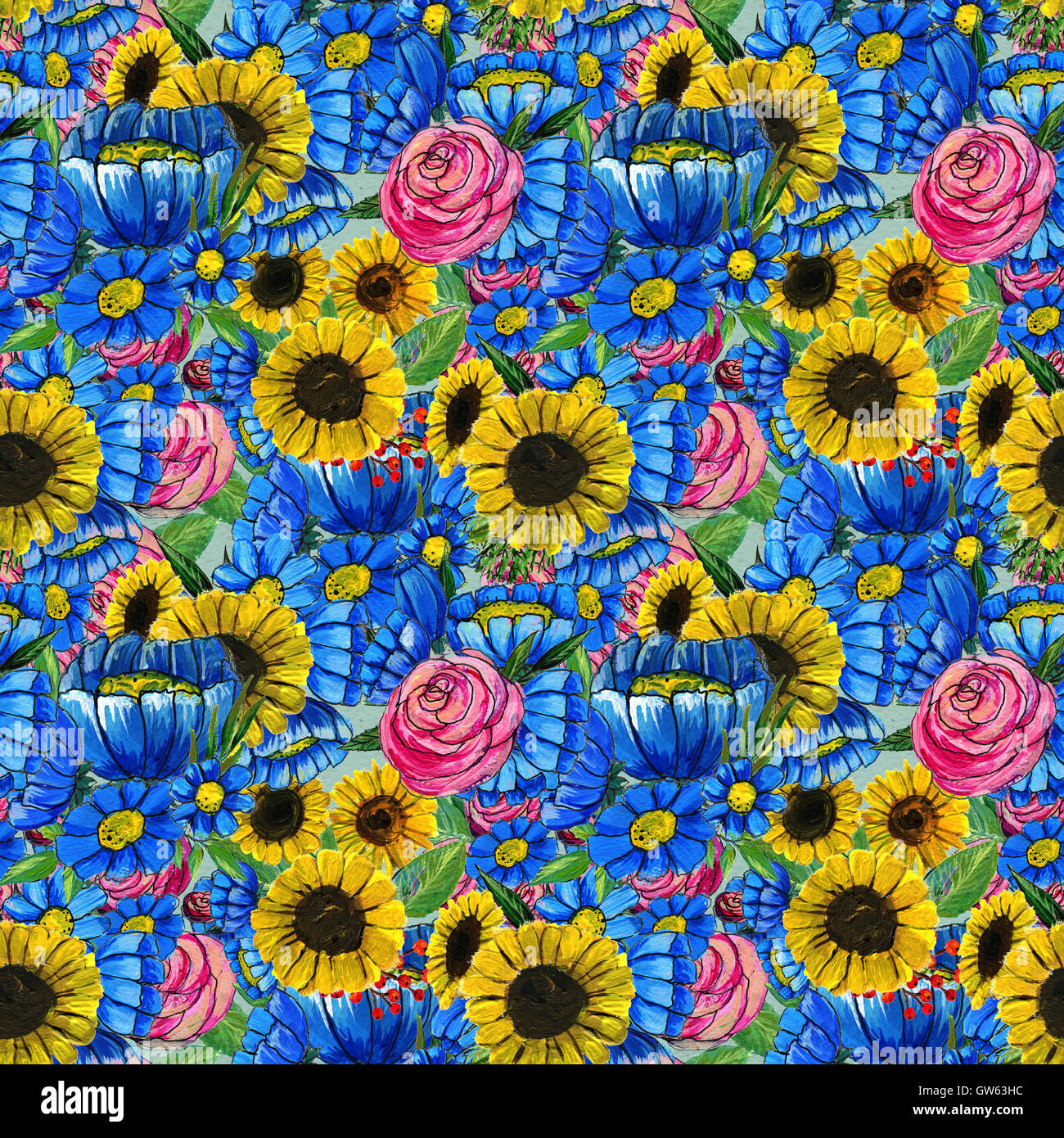 Seamless pattern with blue yellow and pink flowers Stock Photo - Alamy