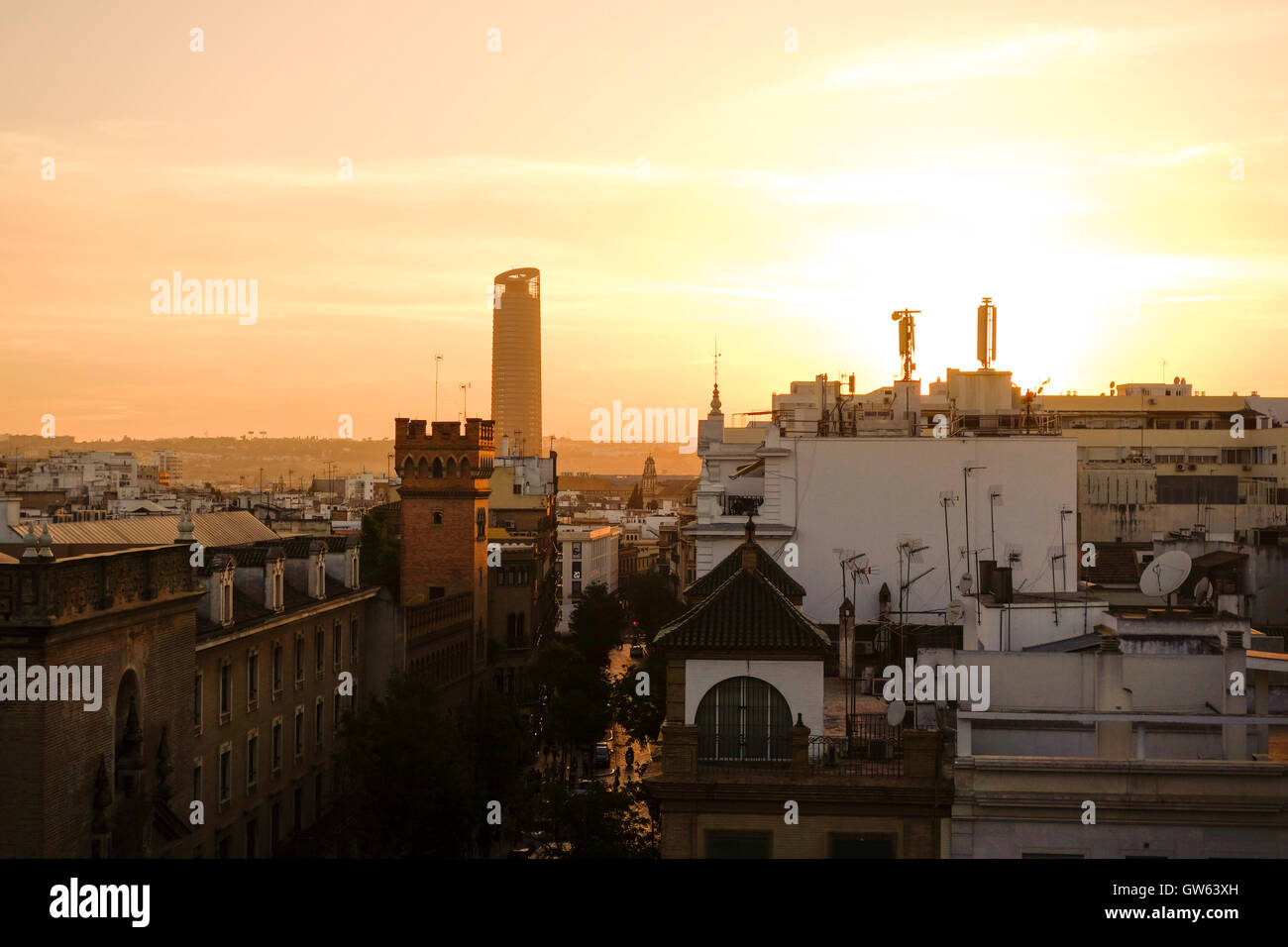 Torre Sevilla, Seville Tower, at sunset, skyline city, Andalusia, Spain ...