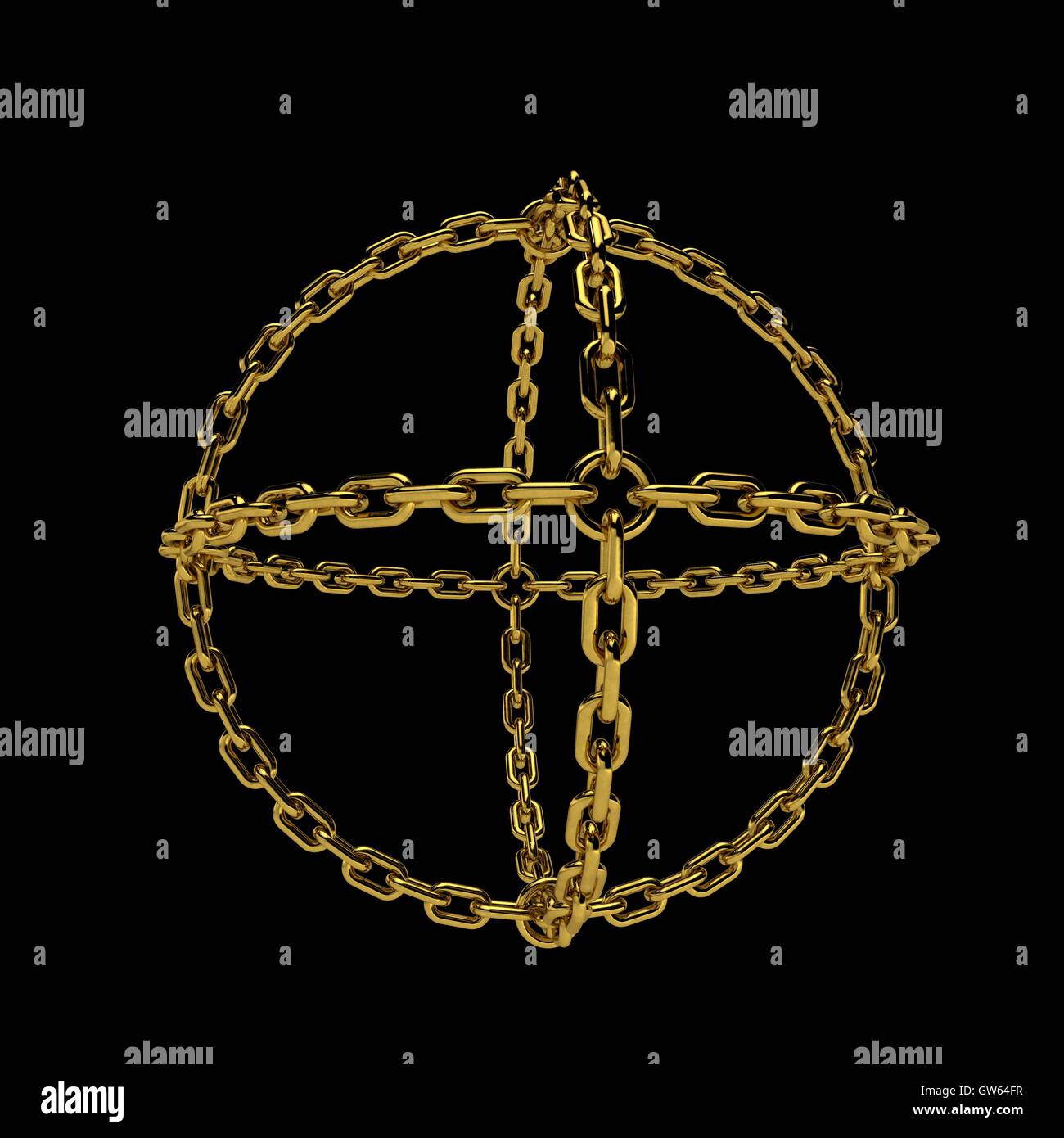 Golden chain in form of sphere. Isolated on black background.3D ...