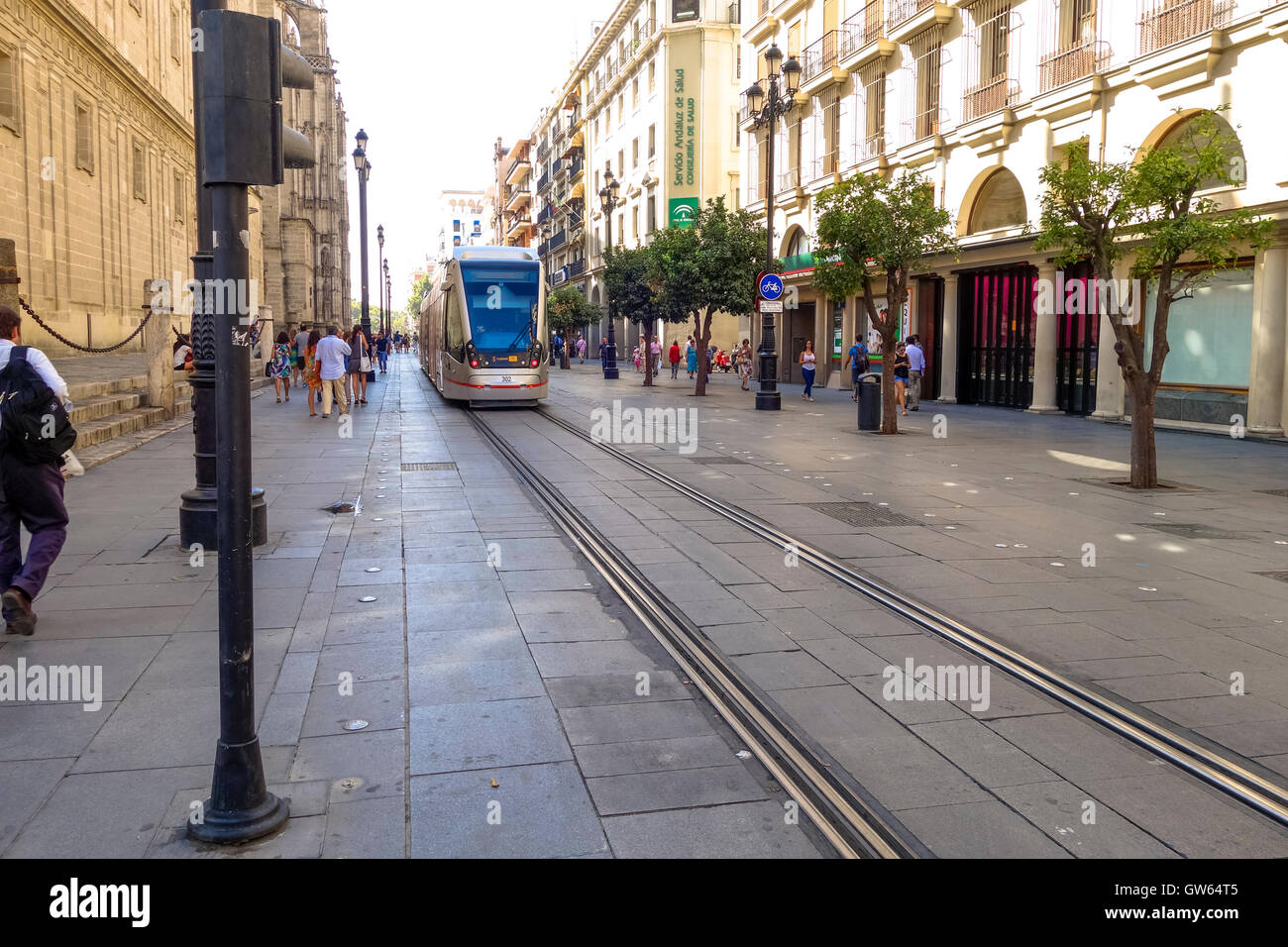 Seville tram system in the centre of the City, cathedral behind ...
