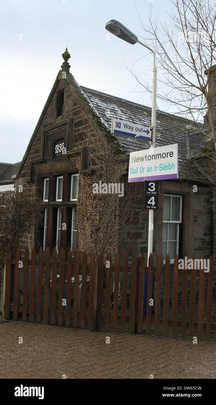 Bilingual sign at Newtonmore railway station Scotland January 2012 ...