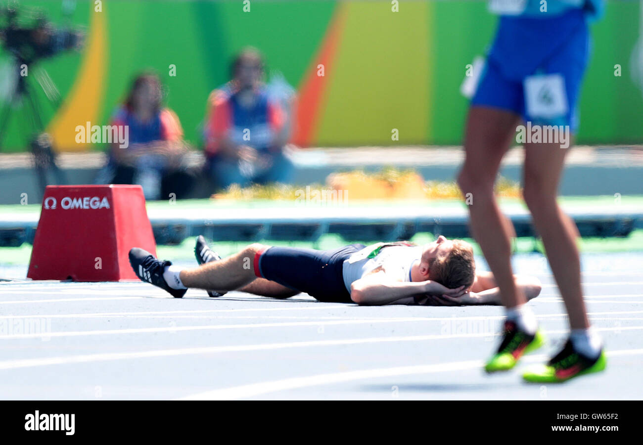 Great Britain's Jordan Howe lies dejected after falling before the line ...