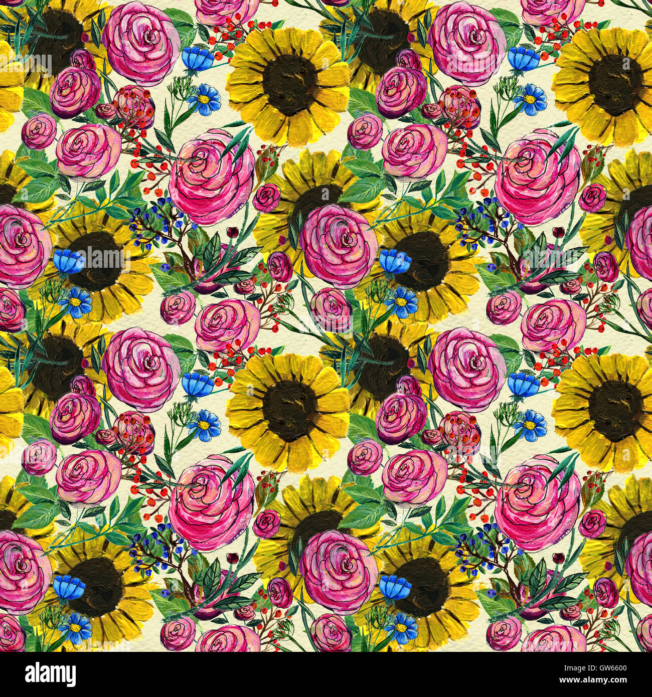 Seamless pattern with blue yellow and pink flowers Stock Photo - Alamy