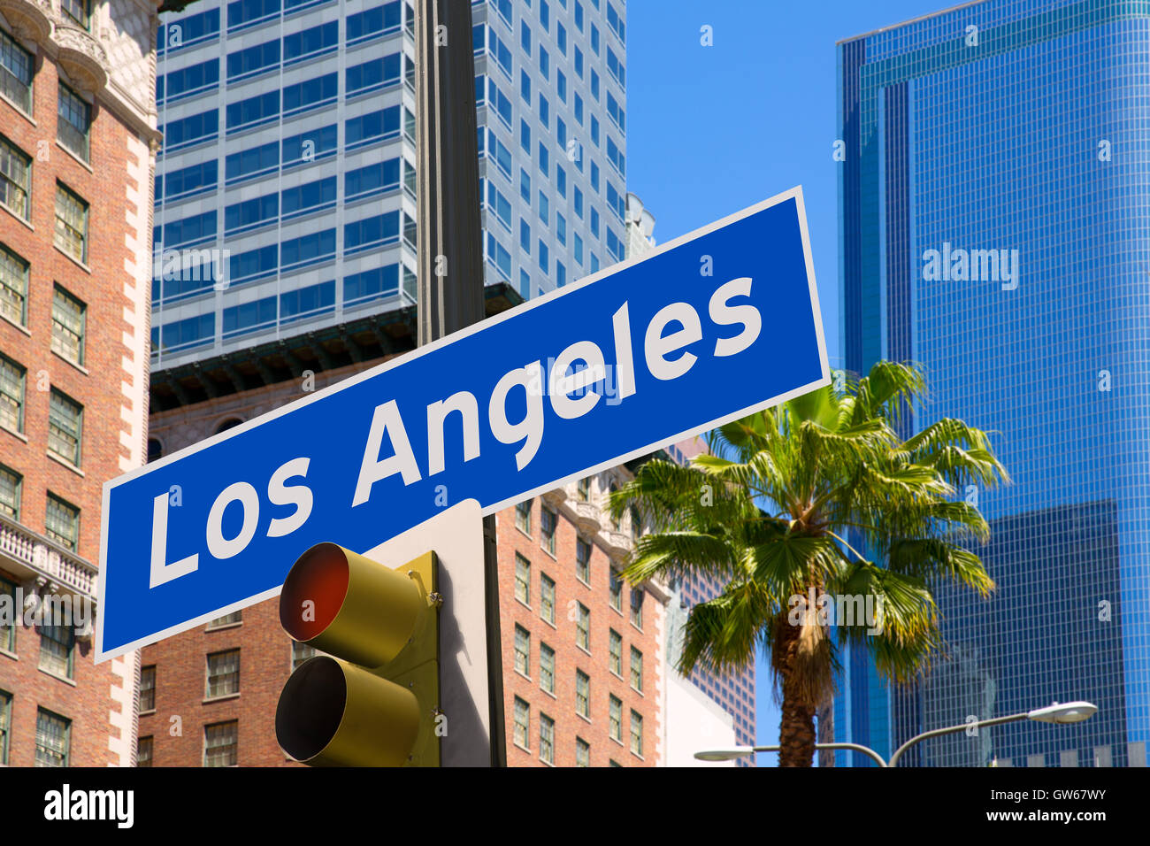 LA Los Angeles sign in redlight photo mount on downtown Stock Photo - Alamy
