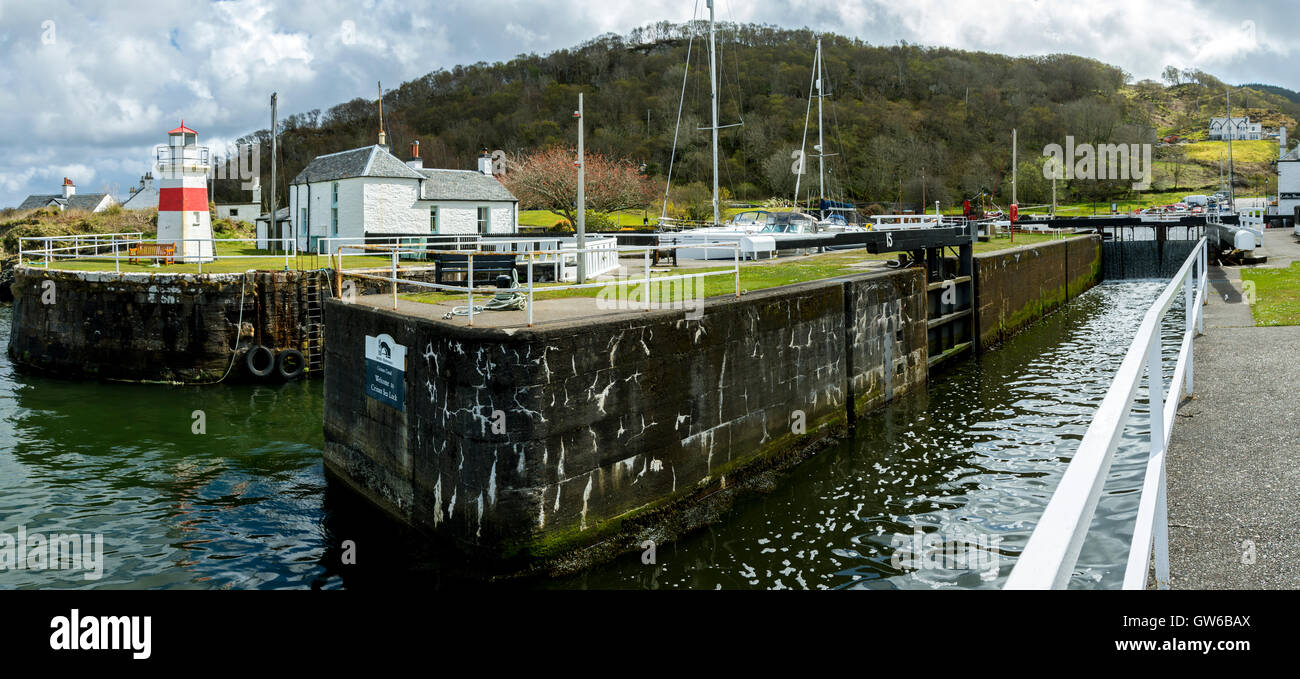 Lock 15, the sea lock, and harbour light at Crinan basin on the Crinan ...