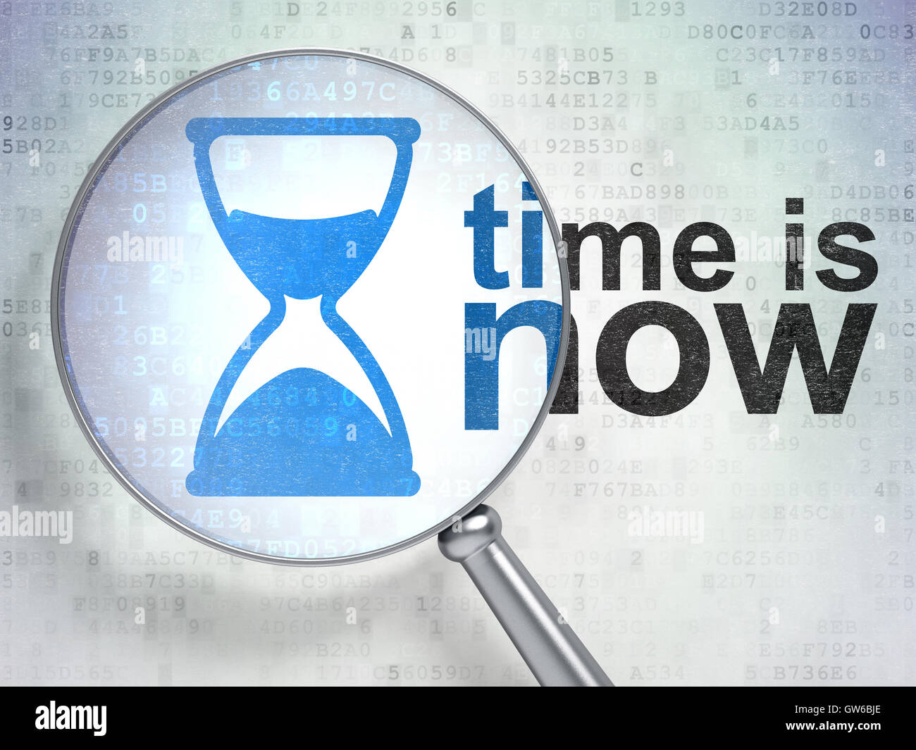 Time concept: Hourglass and Time is Now with optical glass Stock Photo ...